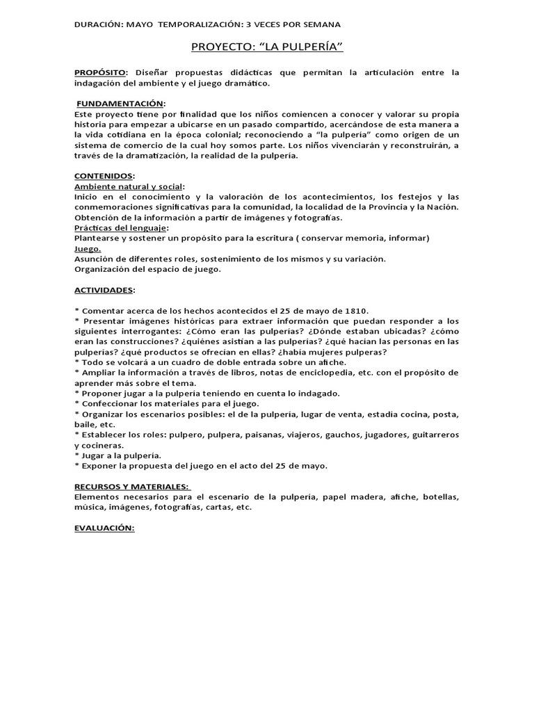 Proyecto Didáctico: La Pulpería 1810 | PDF