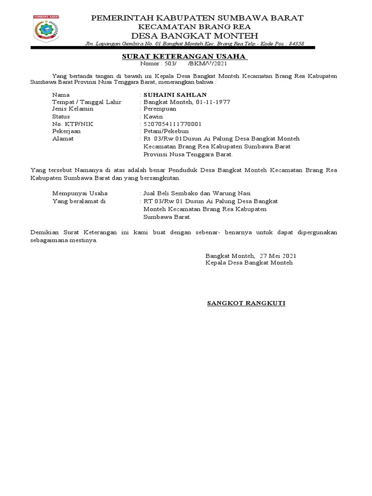 Contoh Surat PEMERINTAH KABUPATEN SUMBAWA BARAT | PDF