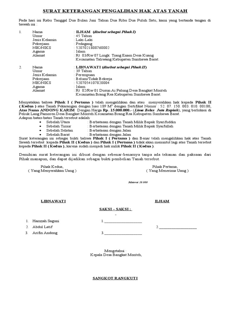 Surat Pengalihan Hak Tanah Ilham | PDF