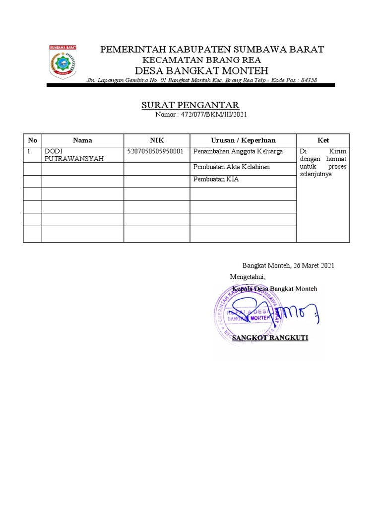 Contoh surat pengantar CAPIL | PDF