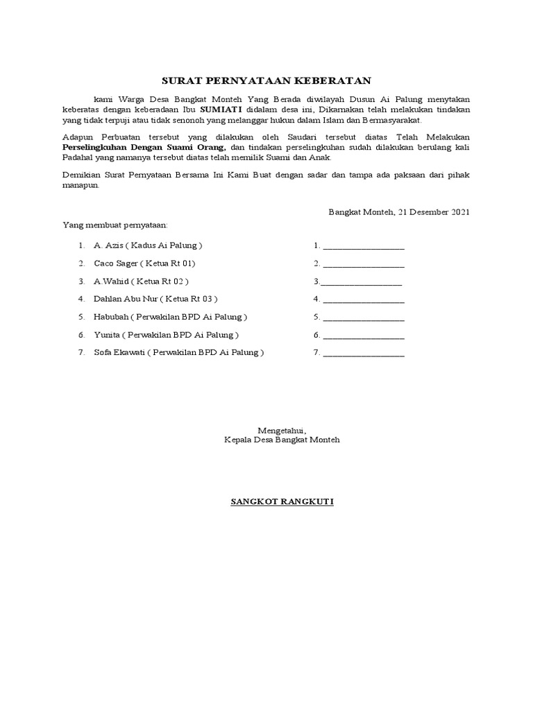 Surat Pernyataan Keberatan Warga Desa | PDF
