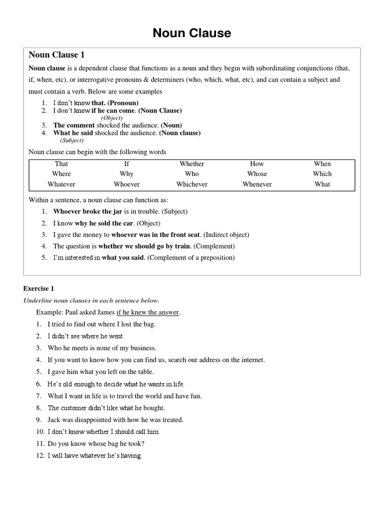 Noun Clause Exercise | PDF | Clause | Pronoun