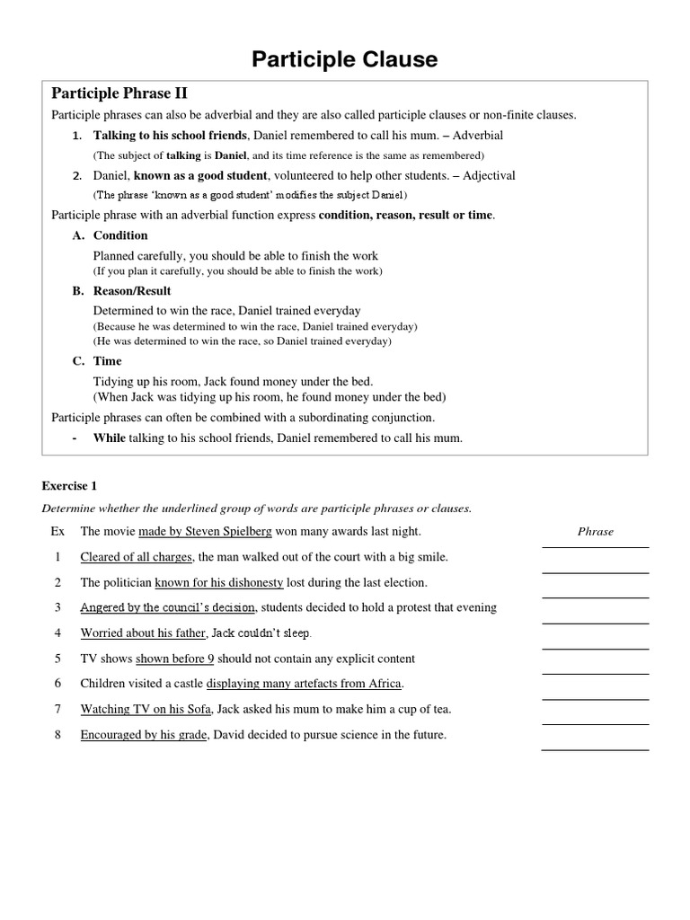 Participle Clause Exercise | PDF | Clause | Phrase
