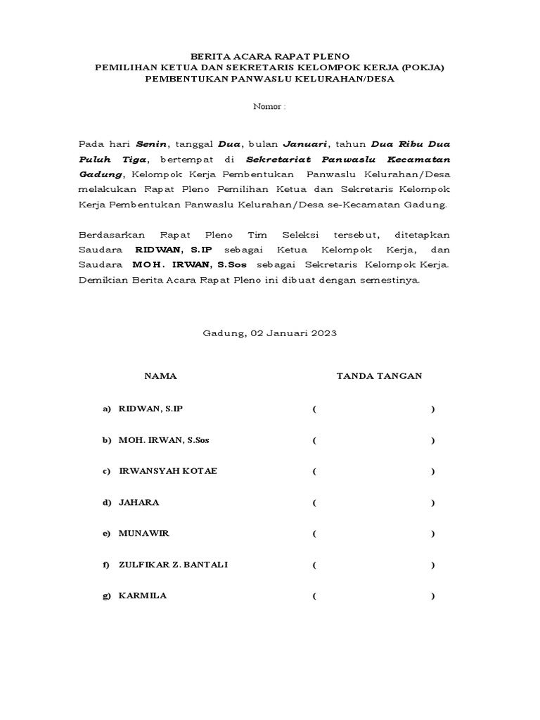 Berita Acara Rapat Pleno PKD | PDF
