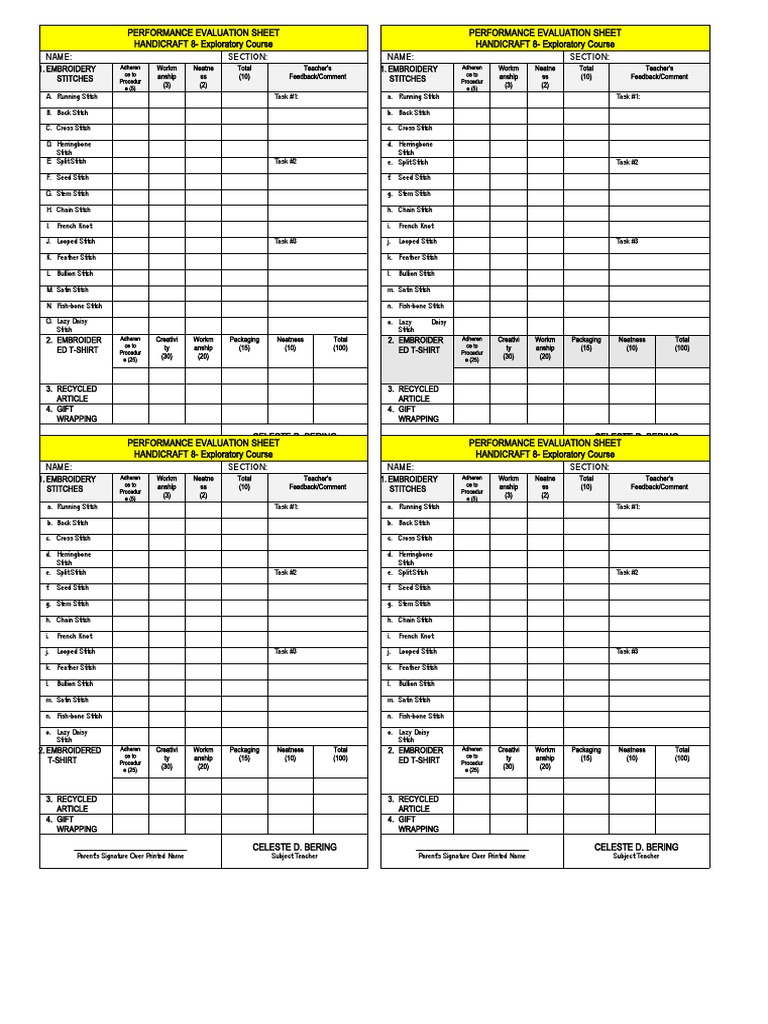 Performance Evaluation Sheet | PDF | Embroidery | Textiles