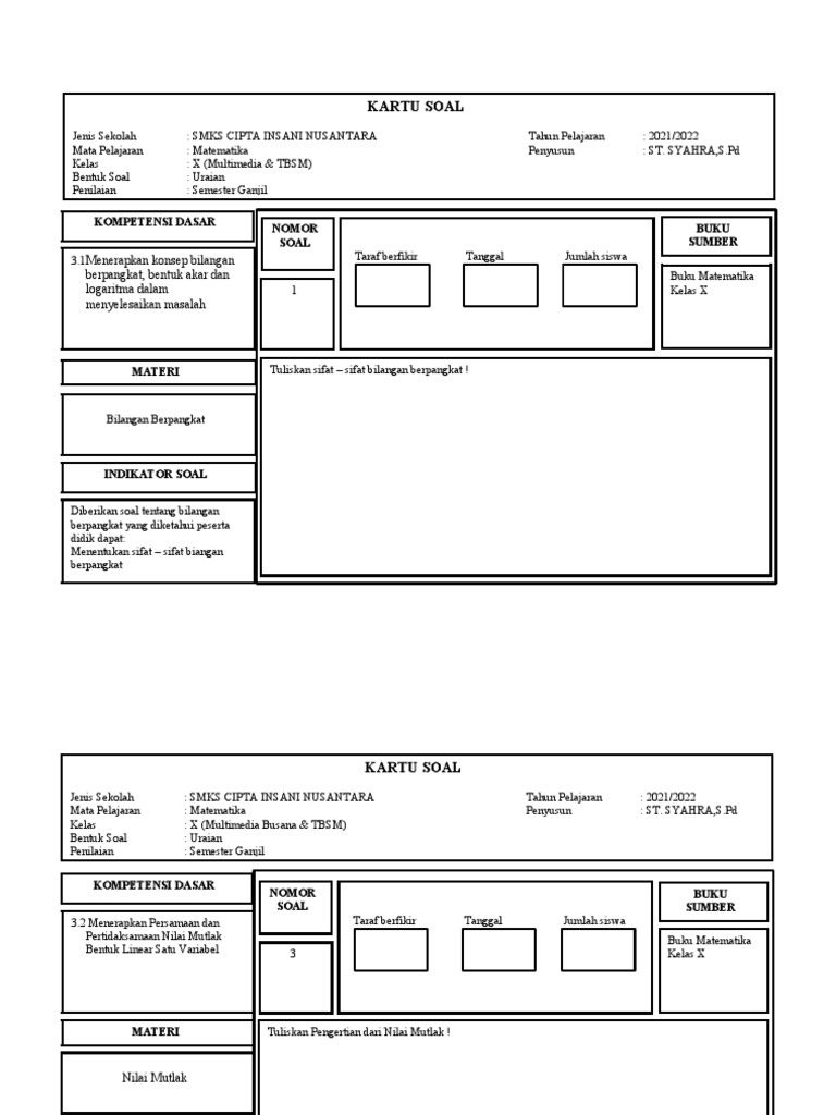 Kartu Soal Uraian X MATEMATIKA | PDF