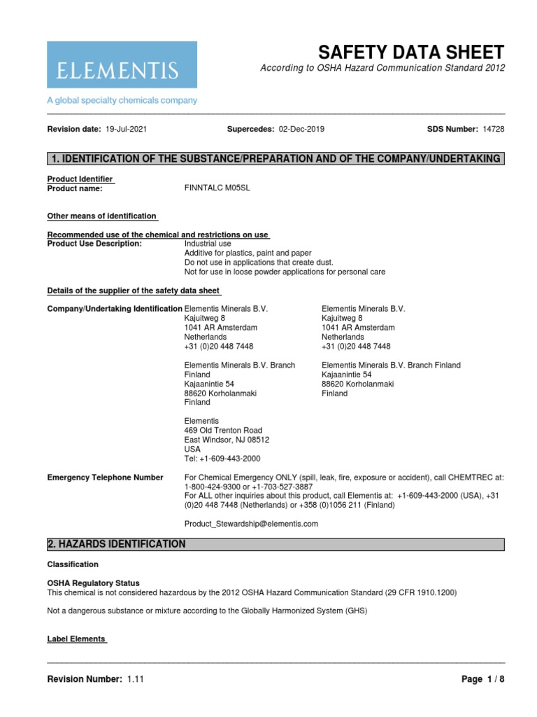 Finntalc - M05SL MSDS | PDF | Occupational Safety And Health | Chemistry
