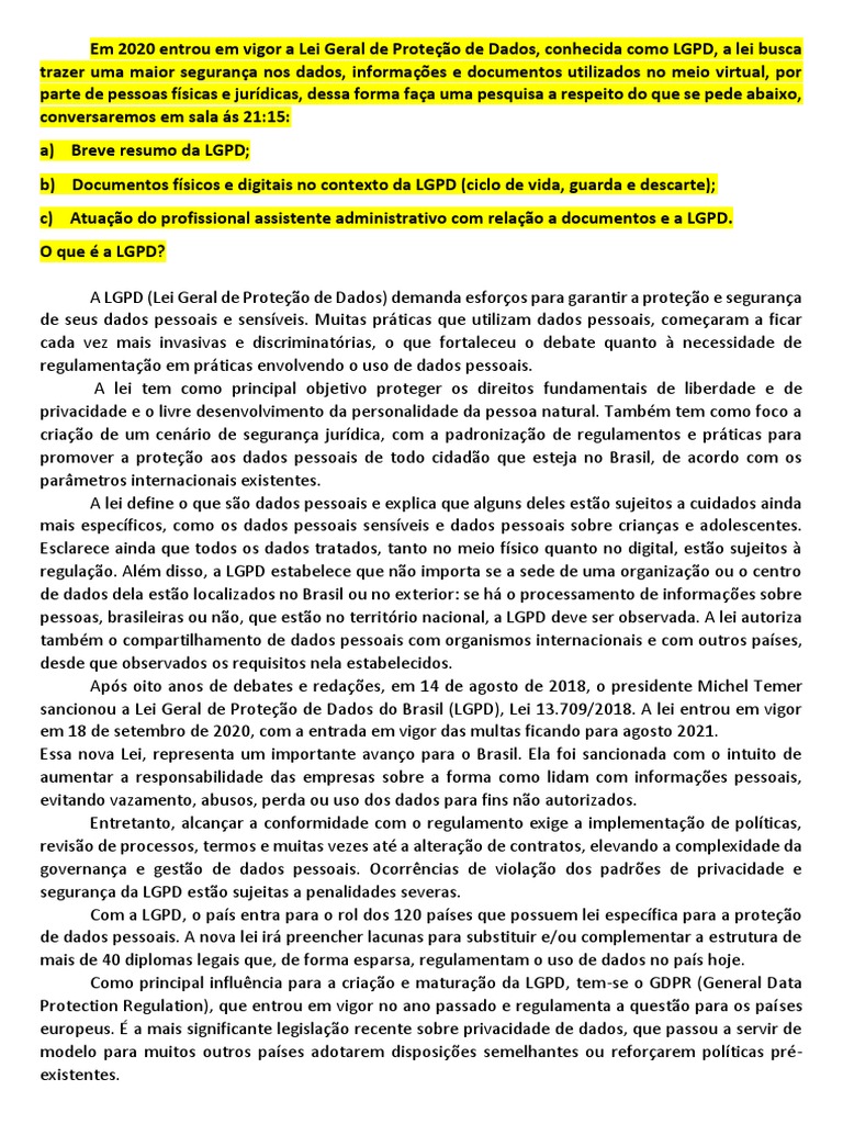 Resumo Sobre LGPD - Lei Geral de Proteção de Dados | PDF | Privacidade ...