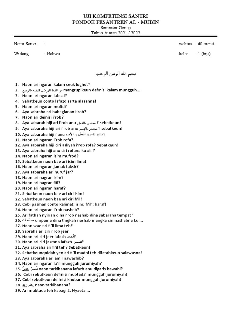 Contoh Soal Nahwu Kls 1 | PDF