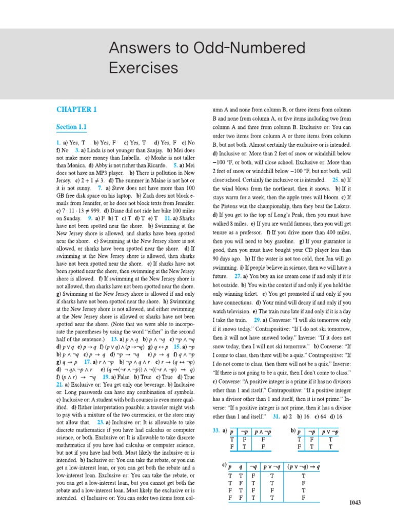 Rosen - 이산수학 8판 - Answers to Odd-Numbered Exercises | PDF