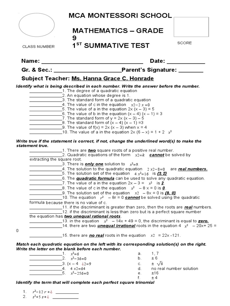 1st Summative Test Grade 9 | PDF | Quadratic Equation | Equations