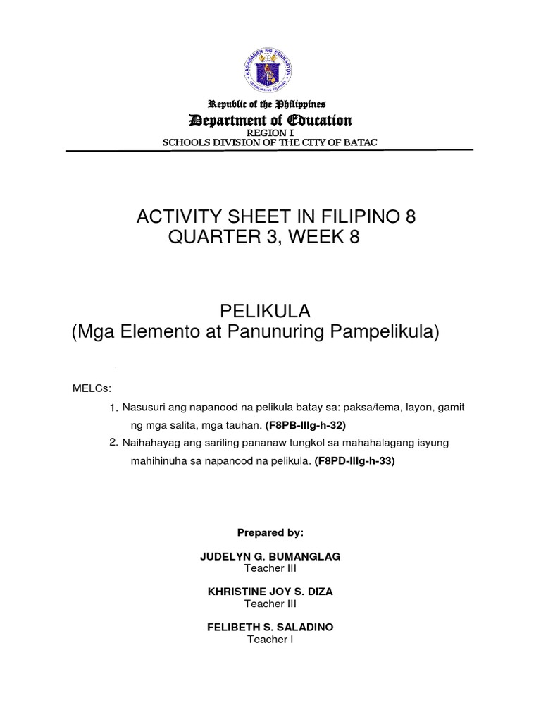 SDCB Fil8 q3 Las7 Week8 Pelikula (Mga Elemento at Panunuring Pampelikula) | PDF
