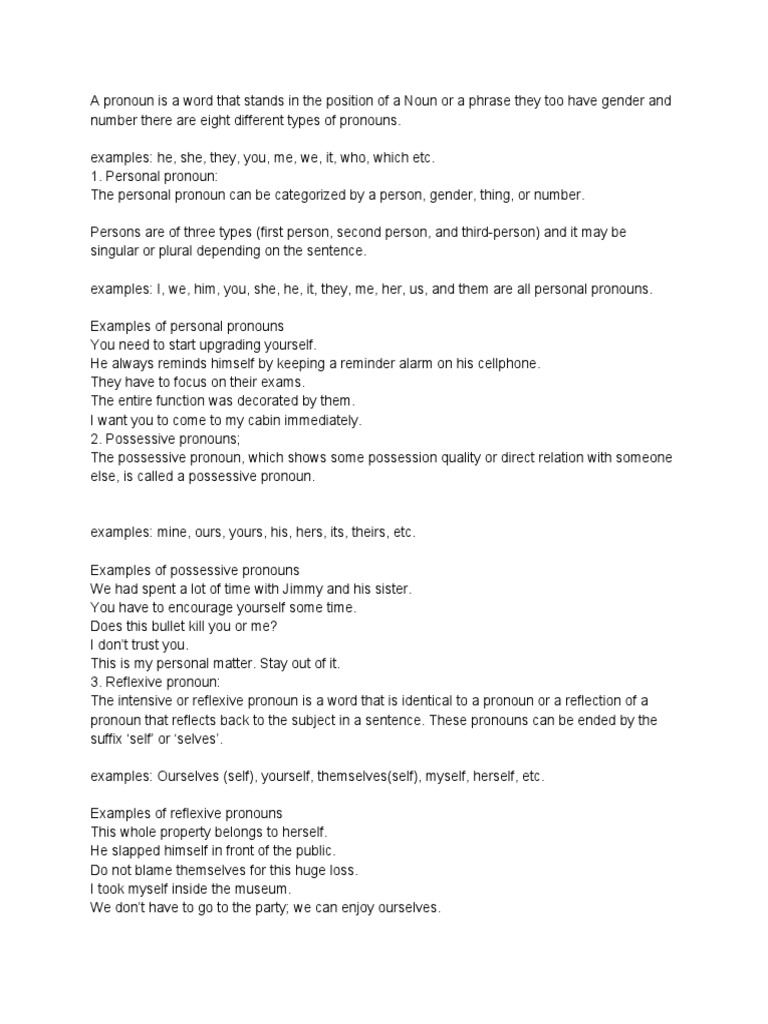 8 Types of Pronouns Explained | PDF | Pronoun | Grammatical Gender