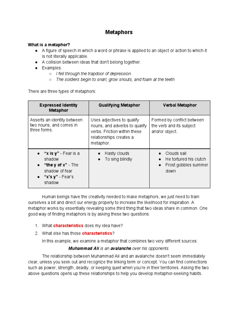Metaphors Worksheet | Download Free PDF | Noun | Metaphor Metaphors Worksheet | Download Free PDF | Noun | Metaphor