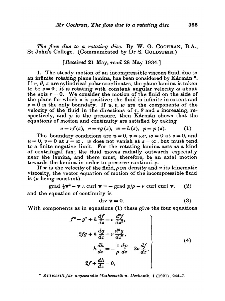 Cochran - 1934 - The Flow Due To A Rotating Disc | PDF | Equations | Boundary Layer