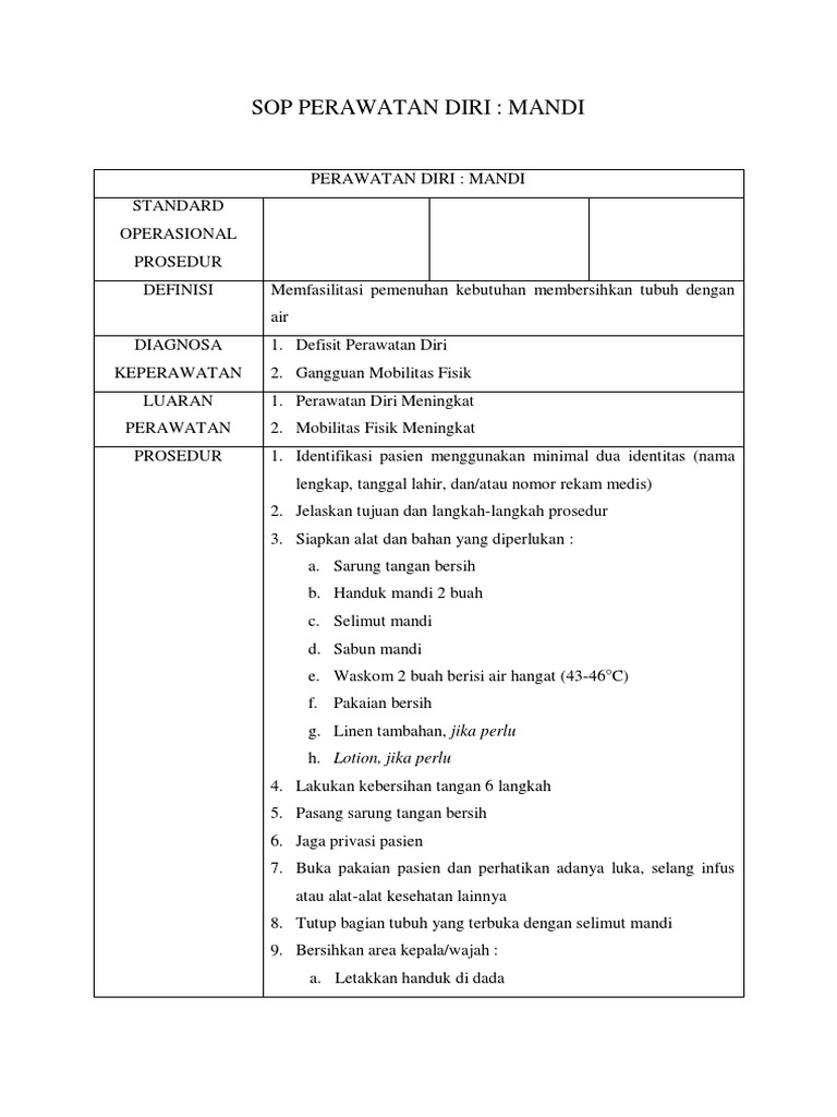 SOP Perawatan Diri Mandi | PDF | Kesehatan Holistik