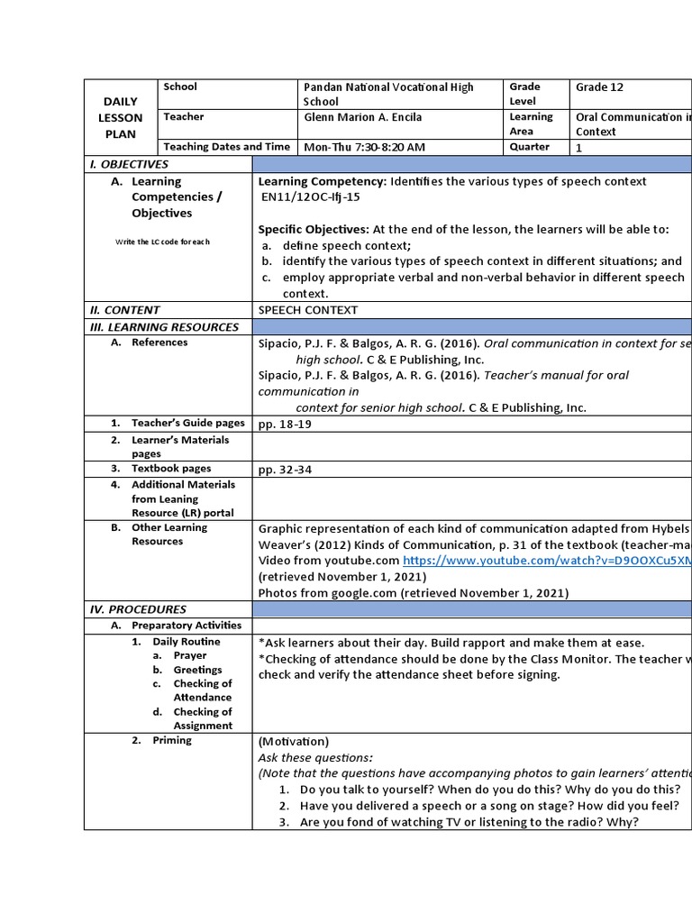 Grade 12 Oral Comm Lesson Plan | PDF | Communication | Learning