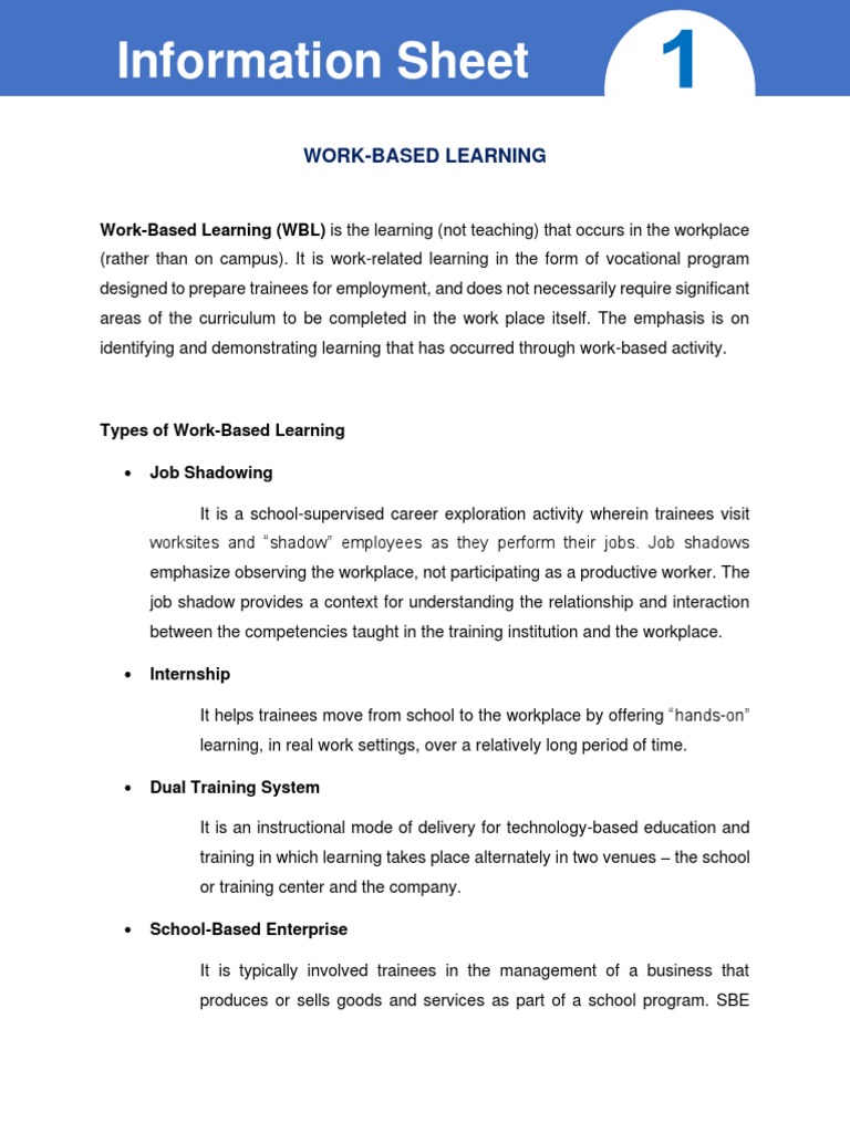 Lesson 1. Work-Based Learning | PDF | Vocational Education | Learning