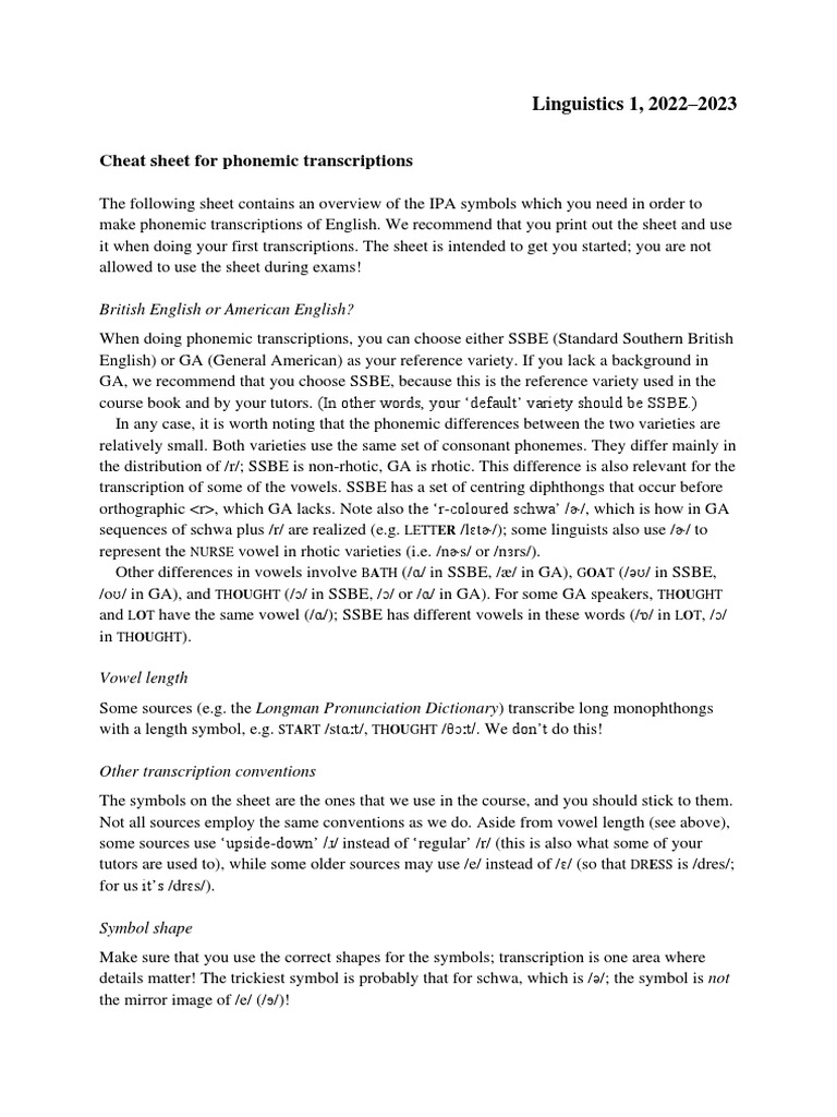 Phonemic Transcription Cheat Sheet | PDF | English Language | Phoneme