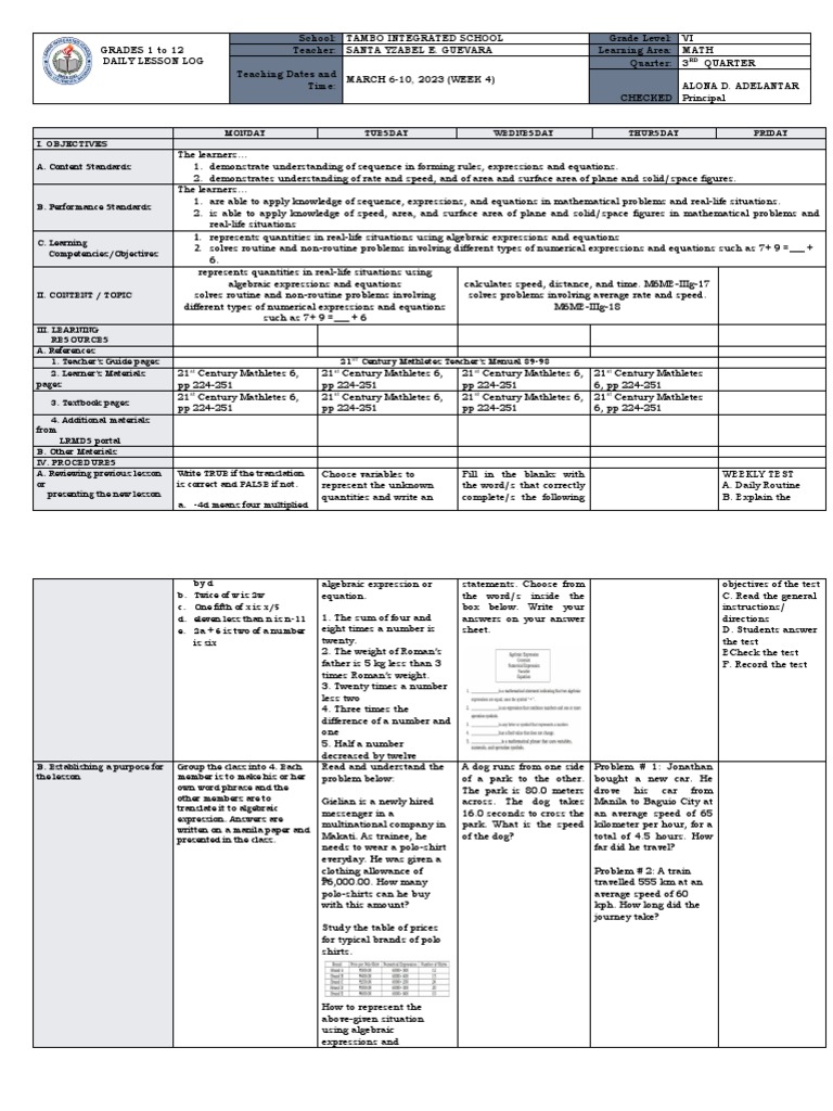 DLL Mathematics-6 Q3 W3 | PDF | Equations | Speed
