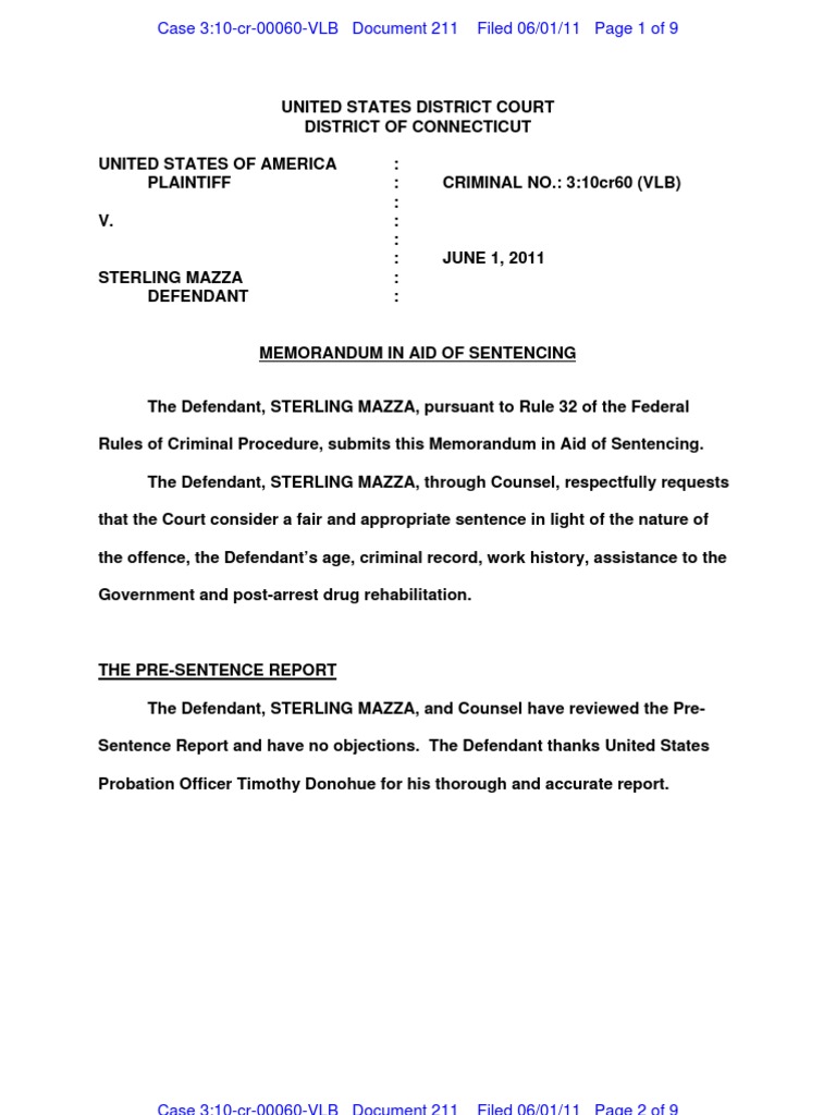 MAZZA Sterling Sentencing Memo | PDF | United States Federal Sentencing ...