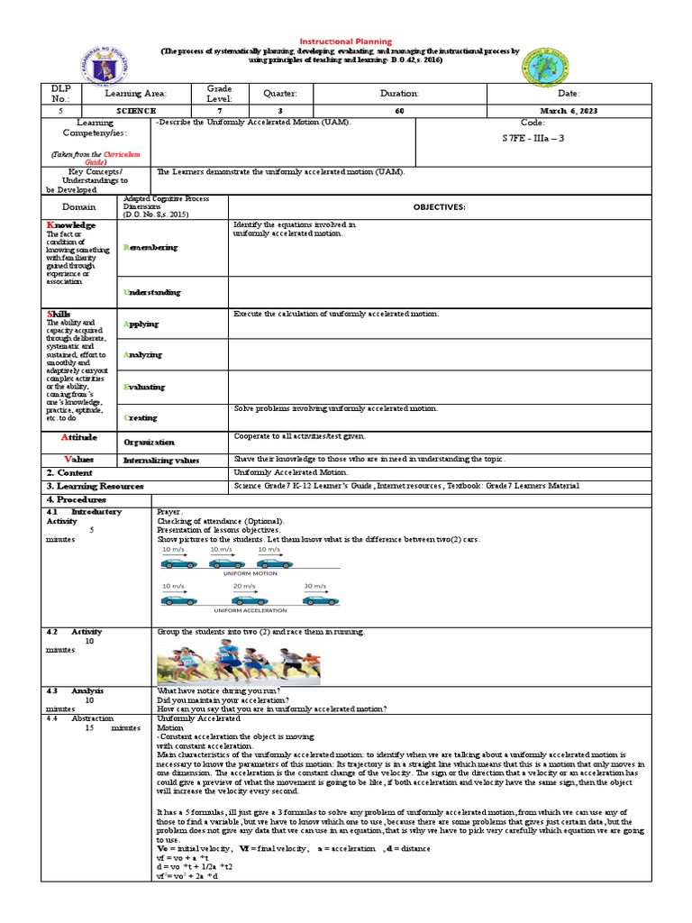 Dlp Template Pdf Acceleration Equations Of Motion