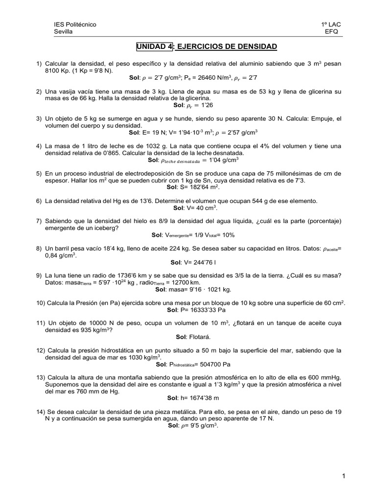 Ejercicios de Densidad Resueltos | PDF | Densidad | Pascal (Unidad)