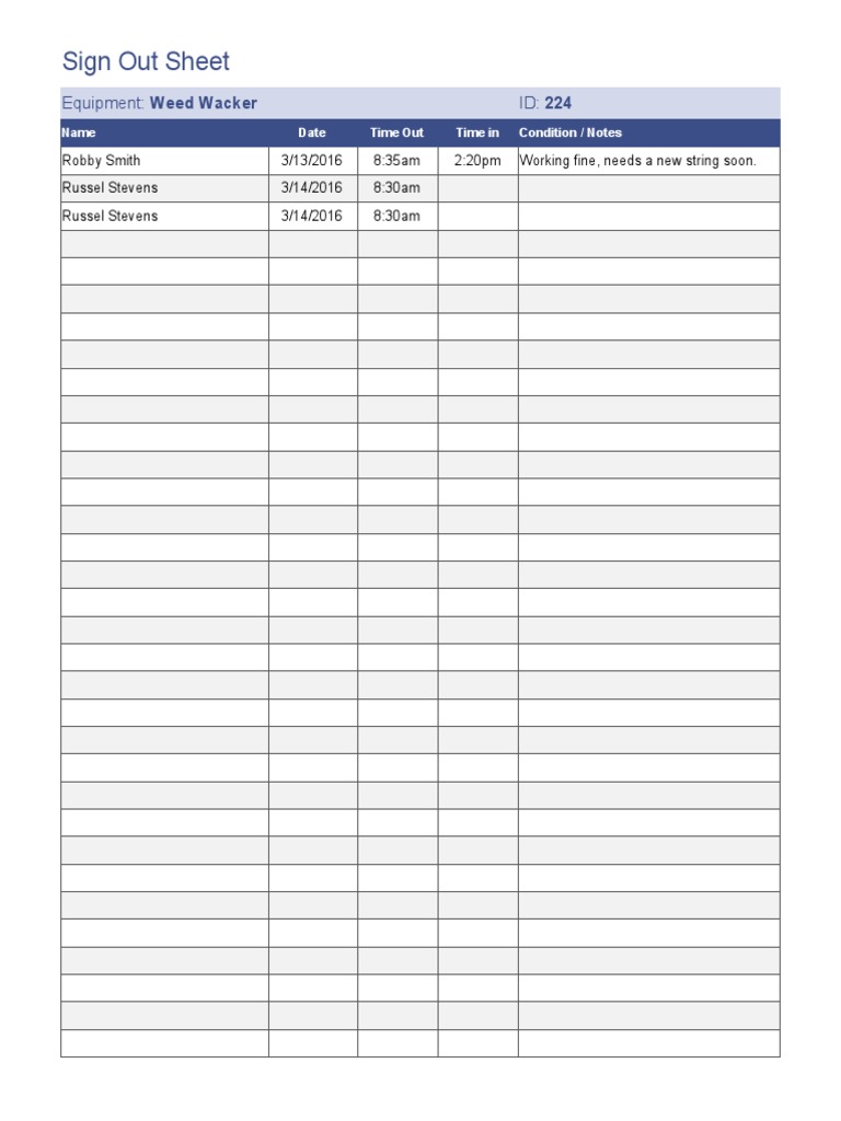 Equipment Sign Out Sheet | PDF