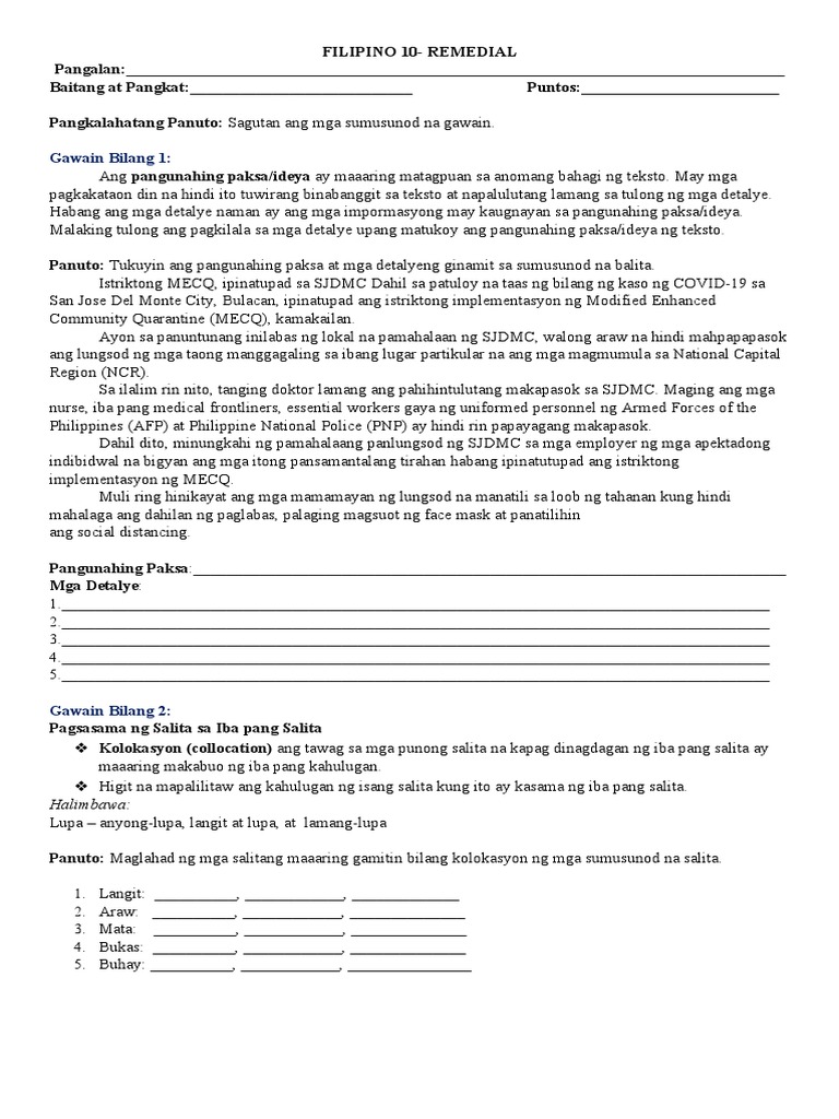 Pagsasanay Sa Filipino 10 | PDF