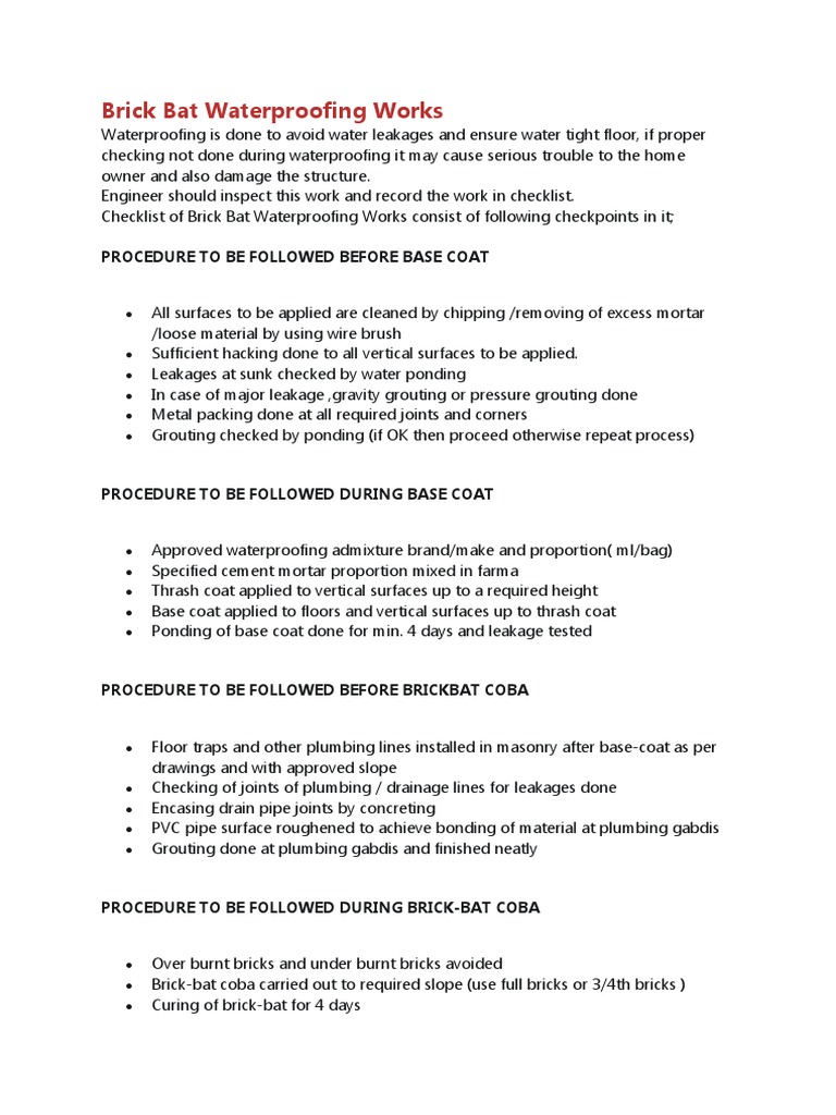 Brick Bat Waterproofing Checklist Pdf