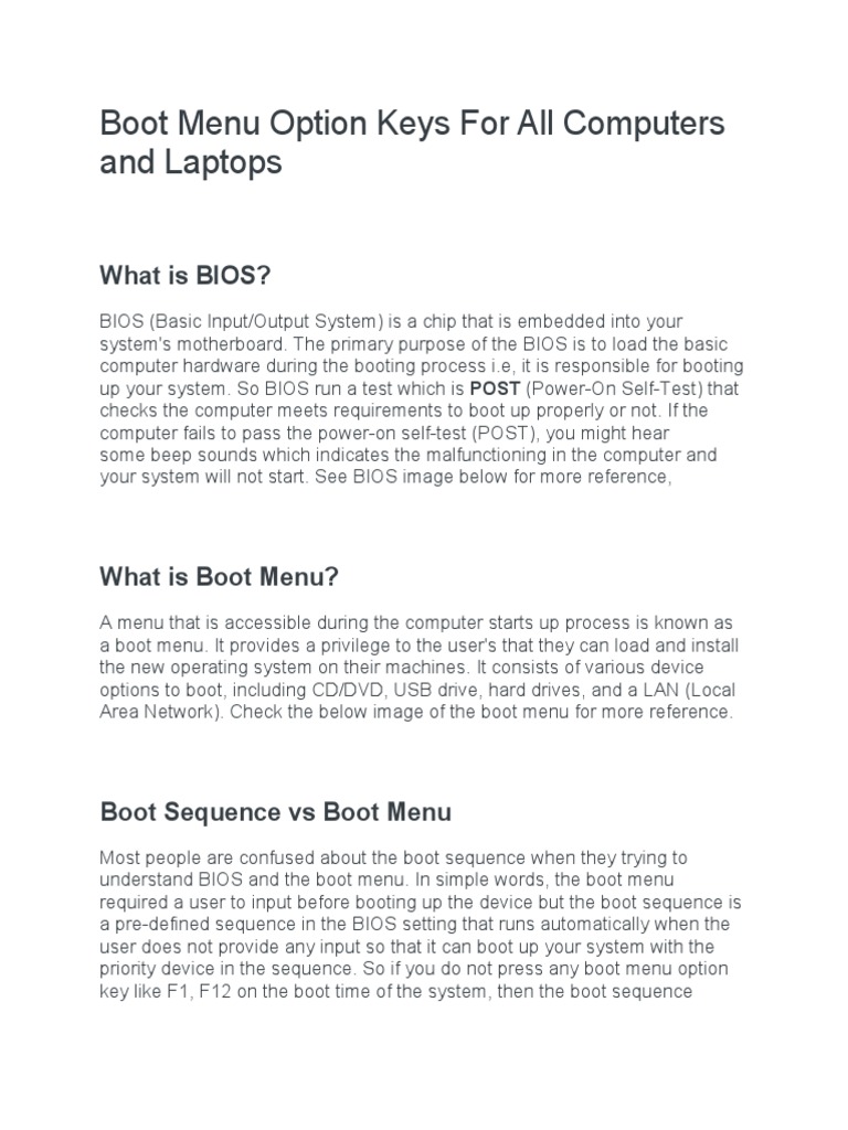 Boot Menu Option Keys For All Computers and Laptops | PDF | Bios | Booting