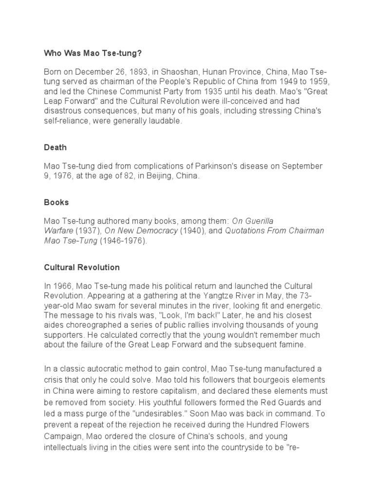 Mao Tse-tung: From Peasant to Powerful Leader of Communist China | PDF ...