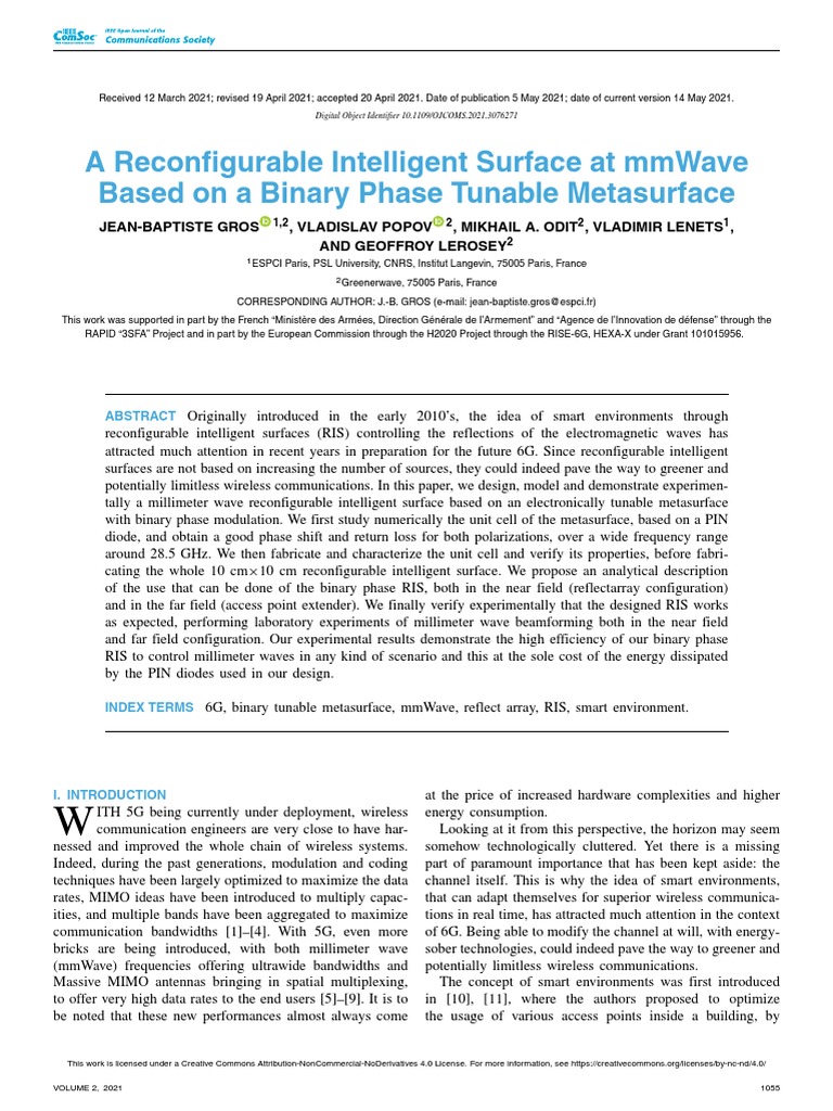 A Reconfigurable Intelligent Surface at Mmwave Based On A Binary Phase ...