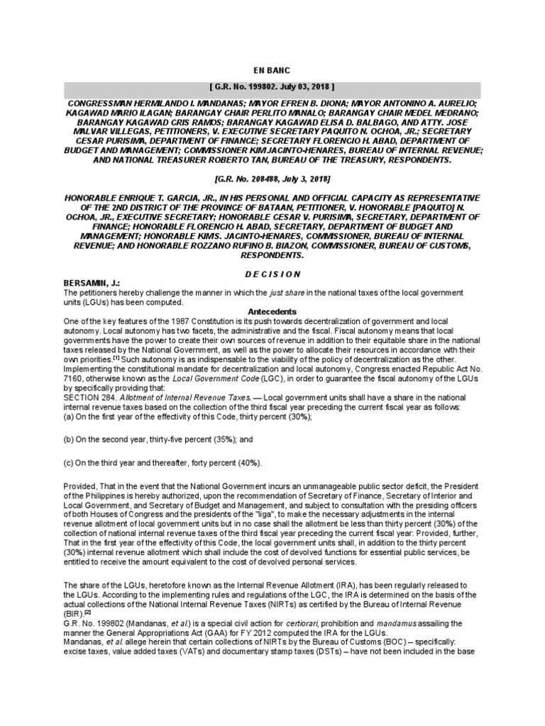 Case 5 - Mandanas vs. Garcia | PDF | Mandamus | Taxes