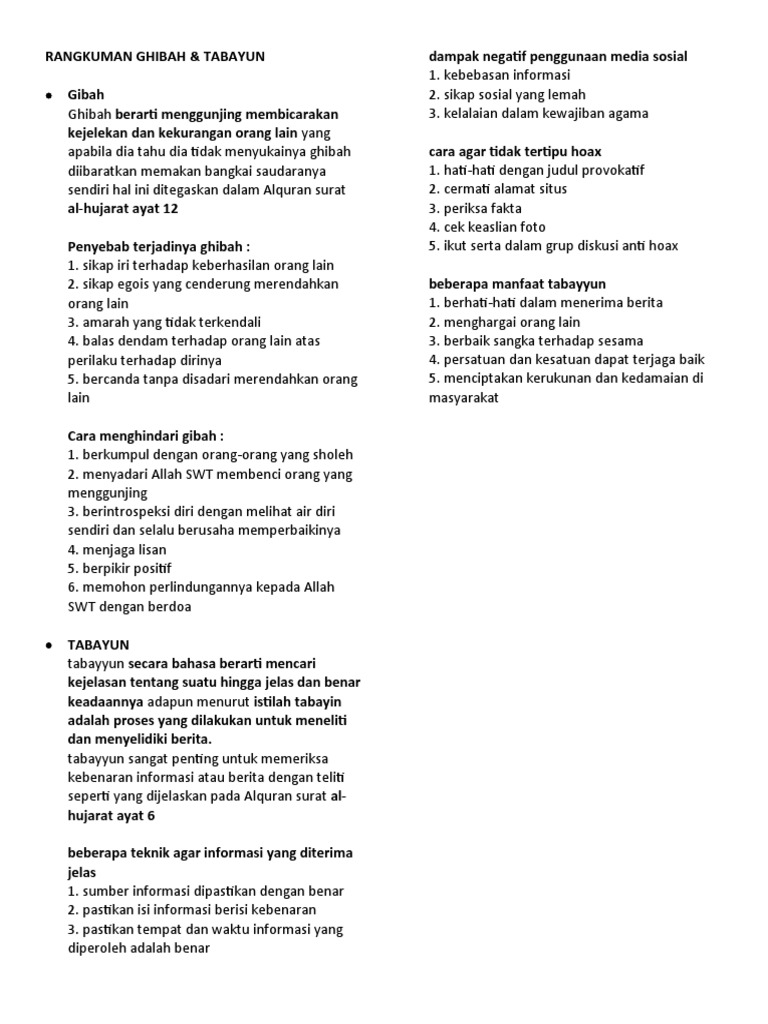Rangkuman Ghibah & Tabayun | PDF