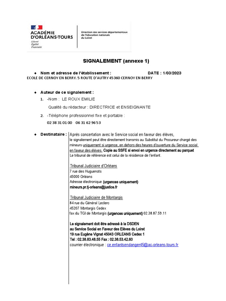 Signalement d'urgence pour mineur | PDF