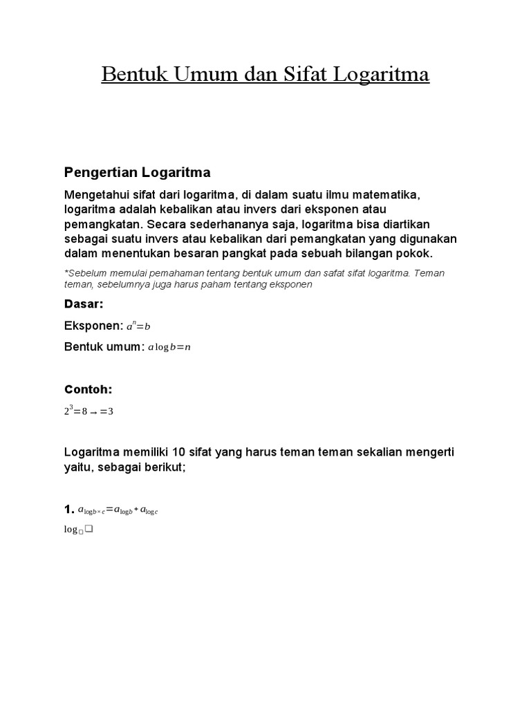 Bentuk Umum Dan Sifat Logaritma | PDF