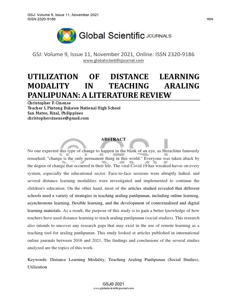 Utilization of Distance Learning Modality in Teaching Araling ...