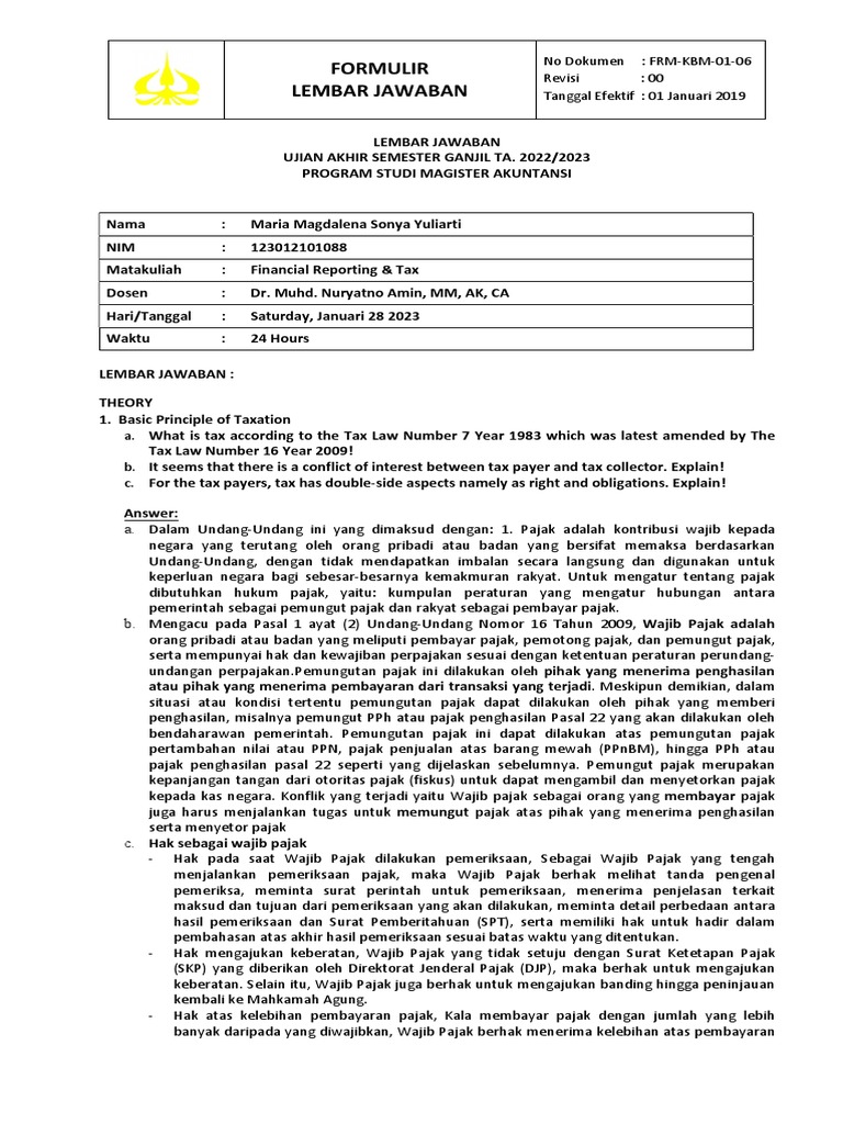 Formulir Lembar Jawaban UAS - Financial Reporting - Tax - Maria ...