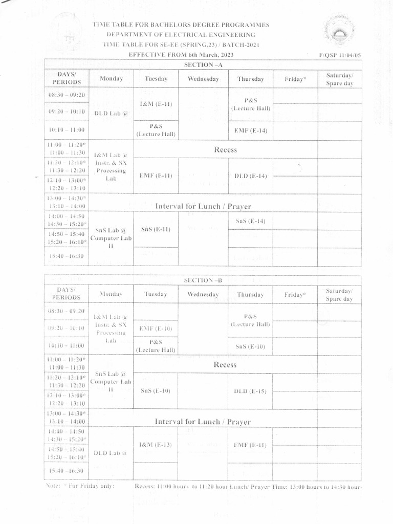 SE Time Table Spring-2023 | PDF