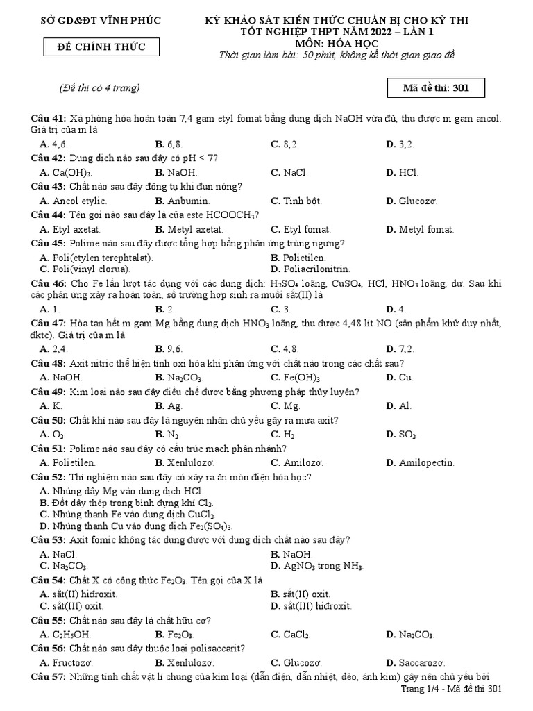 Mã 301- Sở GD Vĩnh phúc | PDF