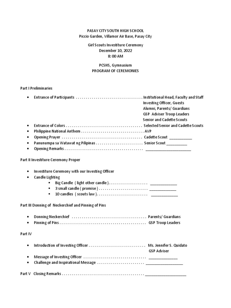 GSP Investiture Ceremony Program | PDF | Youth Movements | Scouting