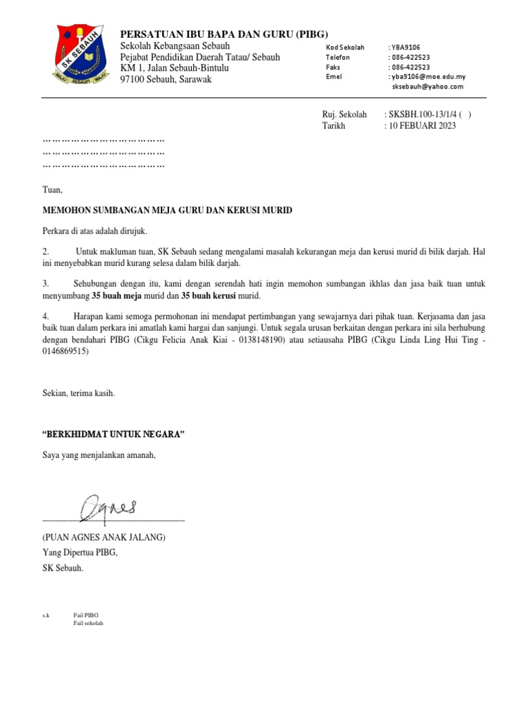 Surat Permohonan Meja Dan Kerusi 15 Full | PDF