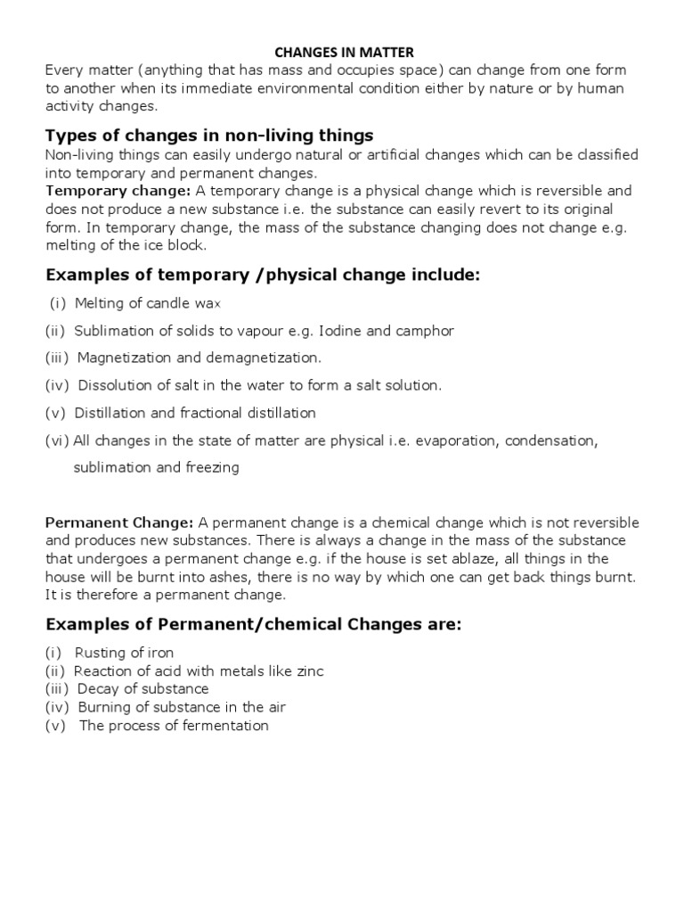 NOTES ON Changes in Non-Living Things 2022 | PDF | Chemical Substances ...