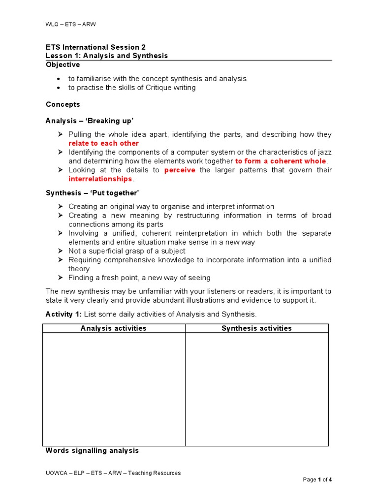 Week 1 Lesson 2 Analysis and Synthesis-T | PDF | Information | Learning