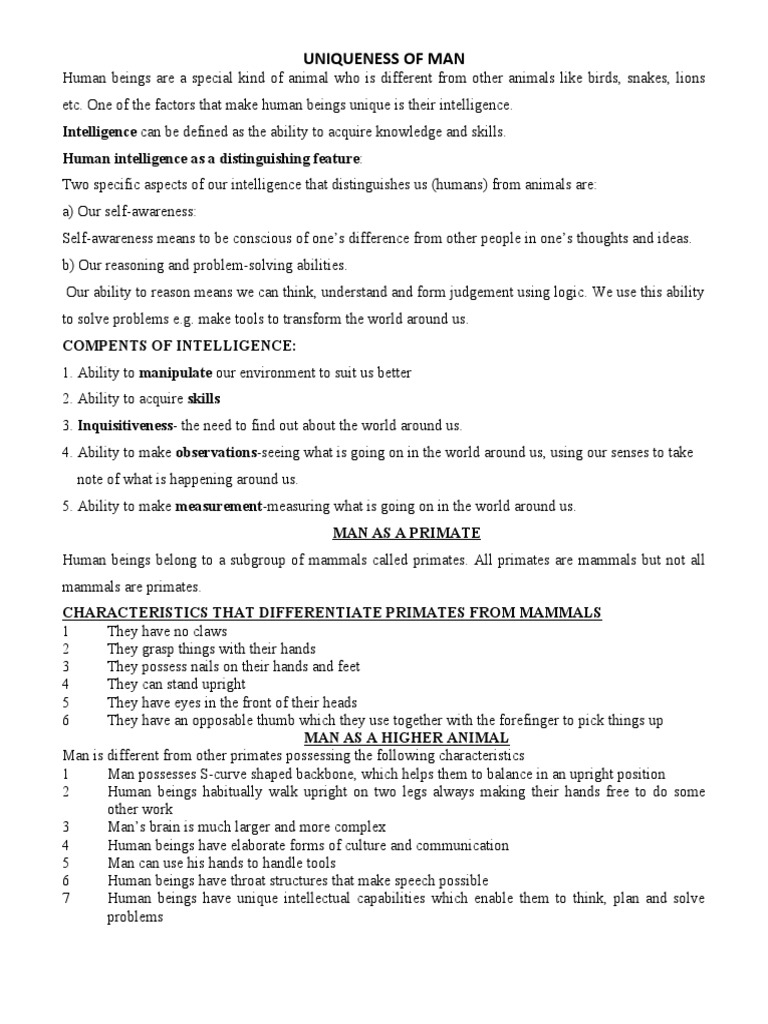 Note On UNIQUENESS OF MAN. | PDF | Intelligence | Human