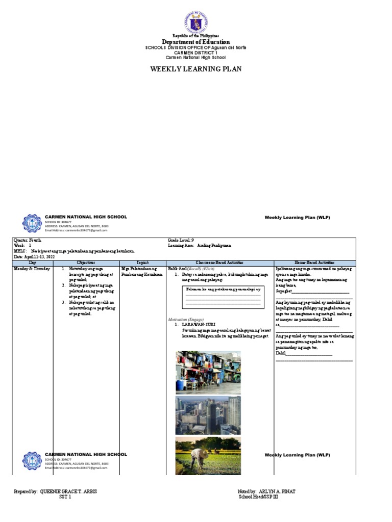 Weekly - Learning - Plan Grade 9 Week 1 | PDF