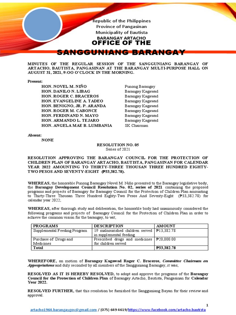 Minutes of the Regular Session of the Sangguniang Barangay of Artacho ...
