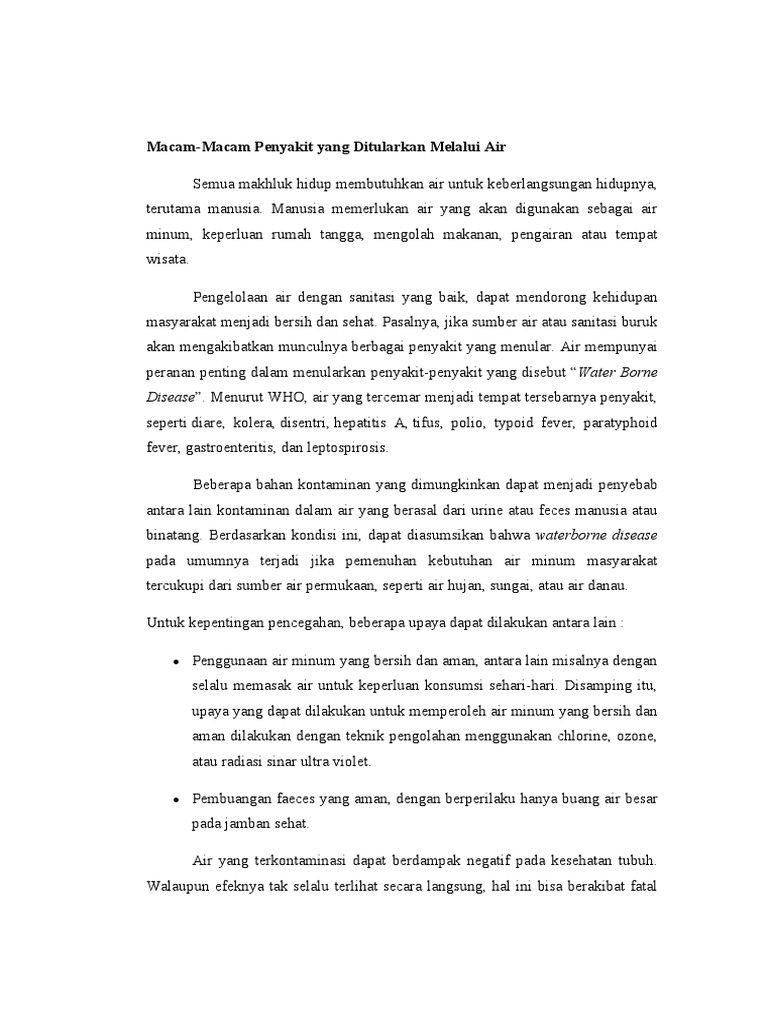 Macam-Macam Penyakit Yang Ditularkan Melalui Air | PDF Macam-Macam Penyakit Yang Ditularkan Melalui Air | PDF