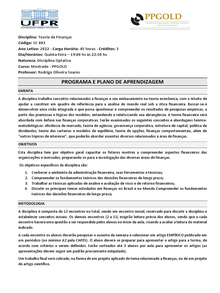 Programa Teoria Financeira 2022 Ppgold 1 | PDF | Dinheiro | Economias